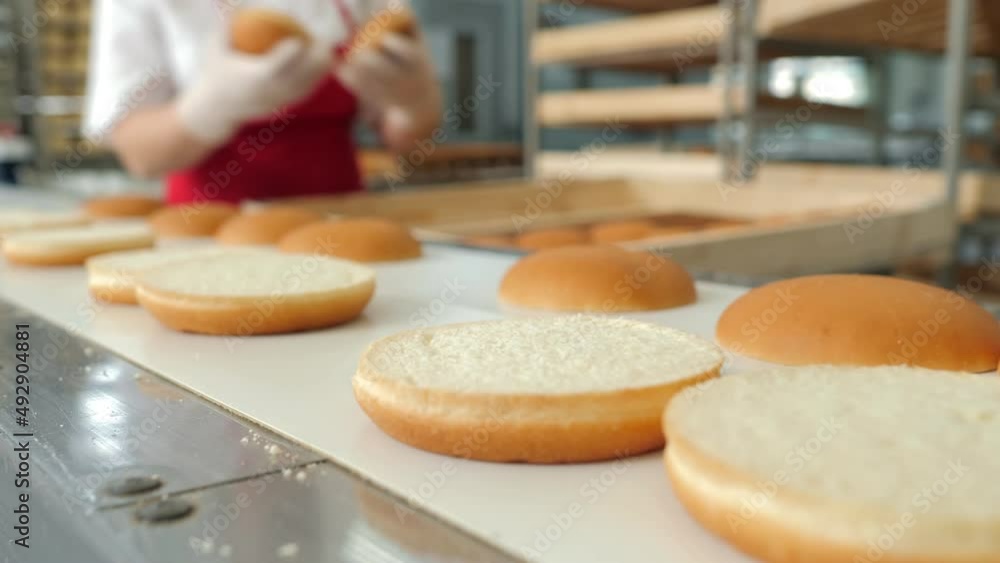 Hamburger buns on the baking line.Hot round delicious burger buns come ...