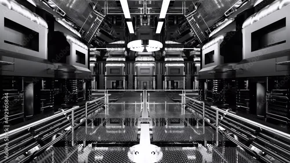 Corridor in space station or in laboratory decorated with grey color ...