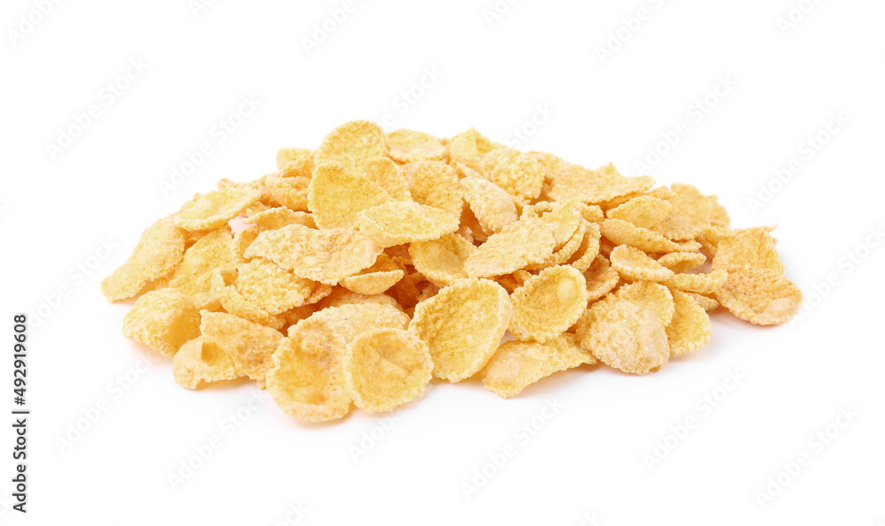 Pile of tasty cornflakes on white background. Healthy breakfast cereal ...