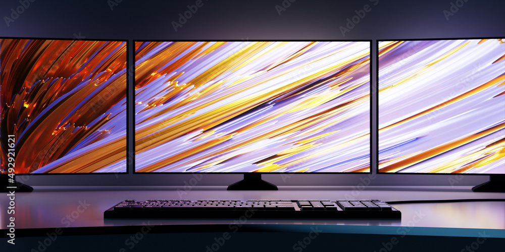 3d illustration, Powerful personal computer gamer with three monitors ...