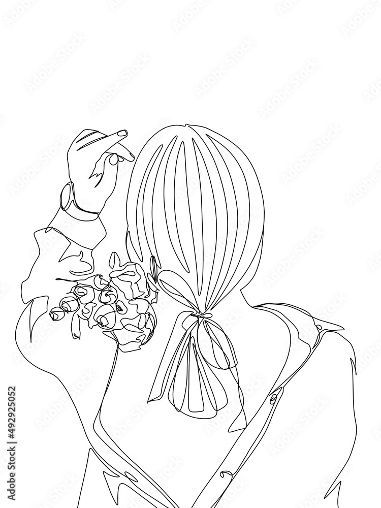 Back view of a woman with flowers is drawn in one line art style. Body ...
