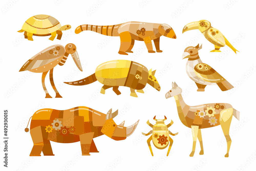 Mechanical wild animals cartoon illustration set. Robotic rhino, turtle ...