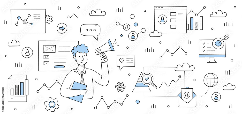 Digital marketing, online public relations and affairs doodle concept ...