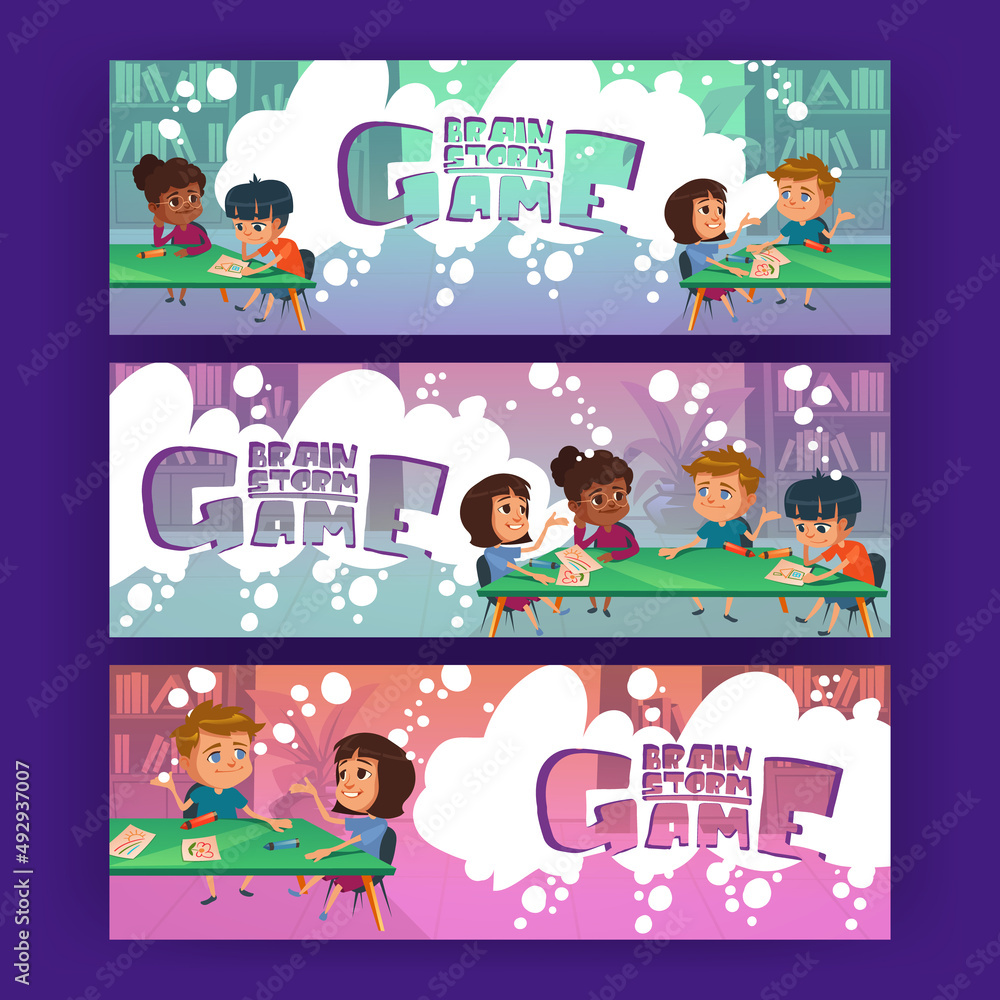 Vetor de Brainstorm game banners with kids thinking together and ...