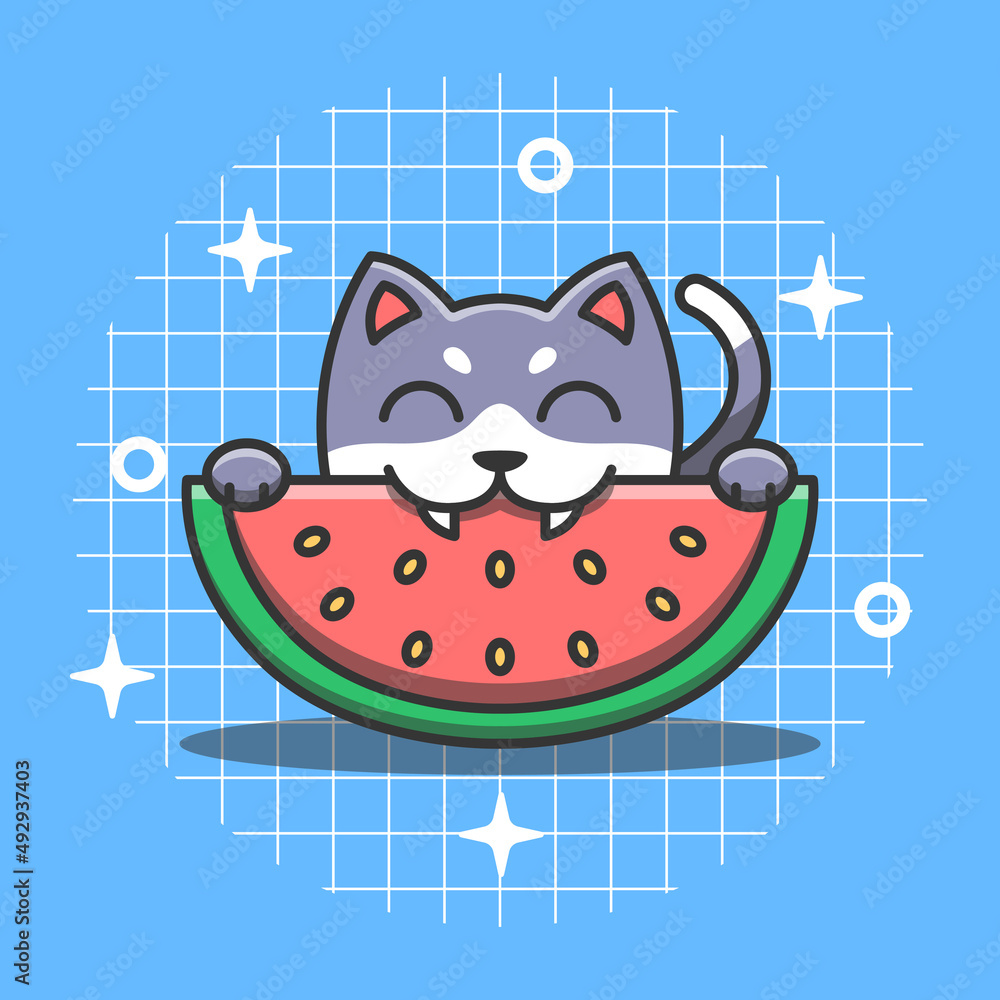 Cute Cat Eats Watermelon