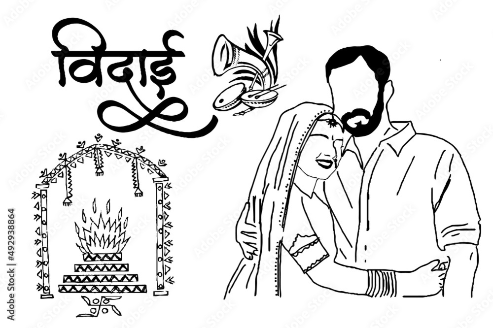 line art illustration of Indian Wedding Celebration and Vidai logo ...