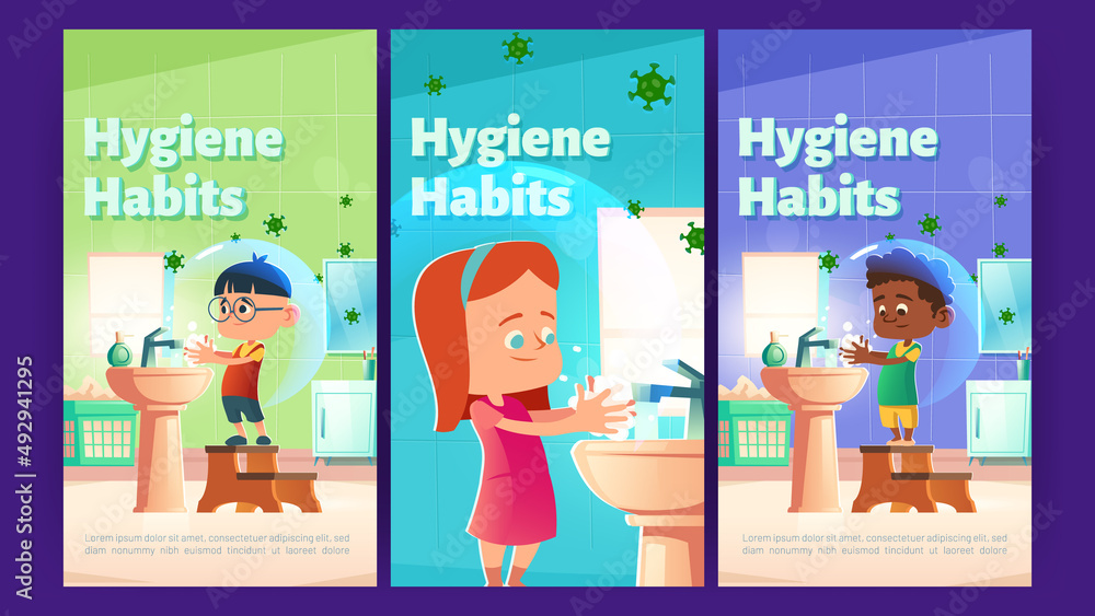Hygiene habits posters with kids washing hands with soap. Vector ...
