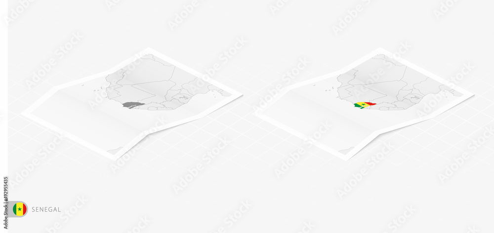 Set of two realistic map of Senegal with shadow. The flag and map of ...