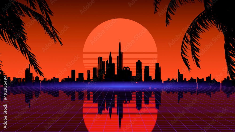 Retro wave city background. Neon night landscape with a futuristic city ...