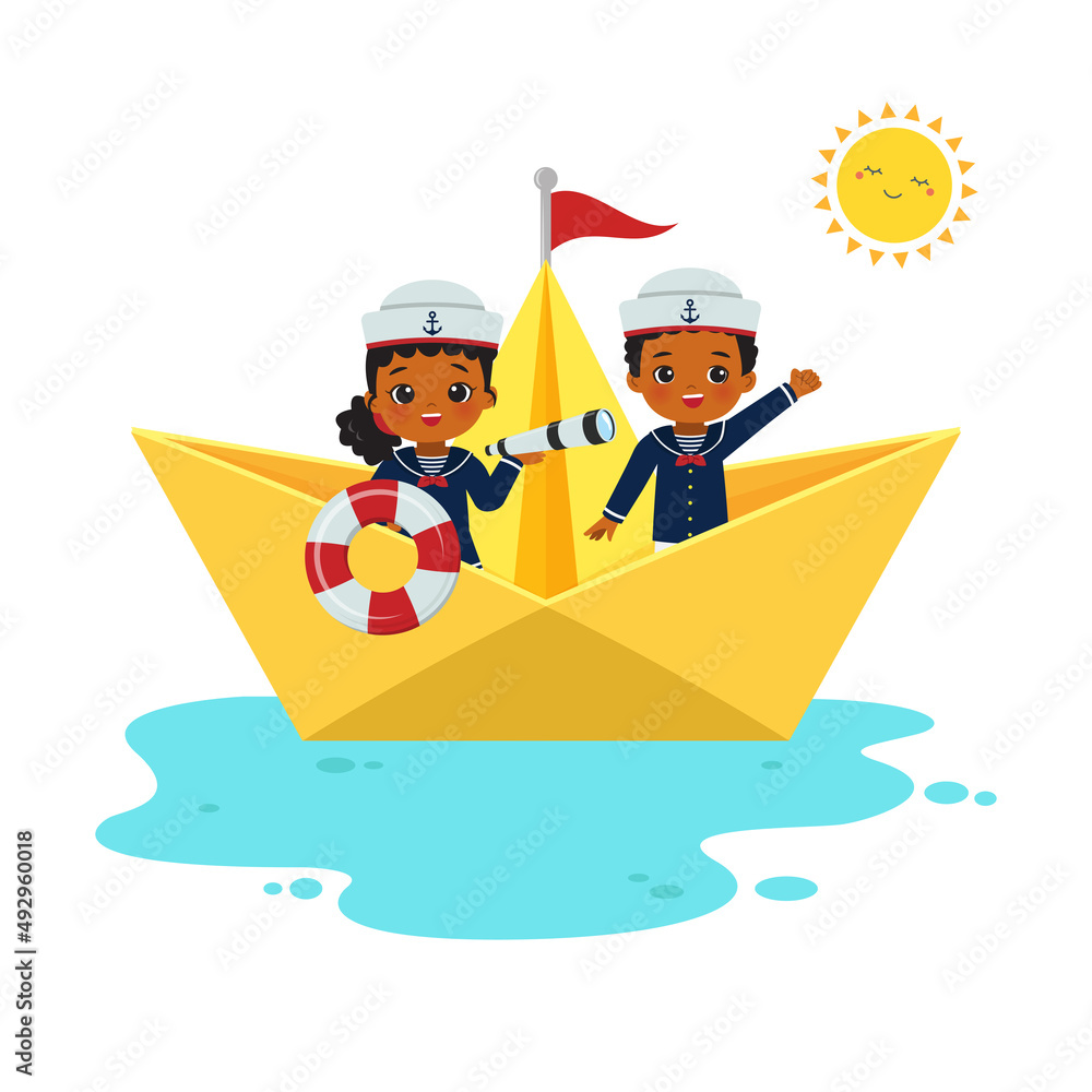 Cute boy and girl in sailor uniform sailing with origami boat. Flat ...