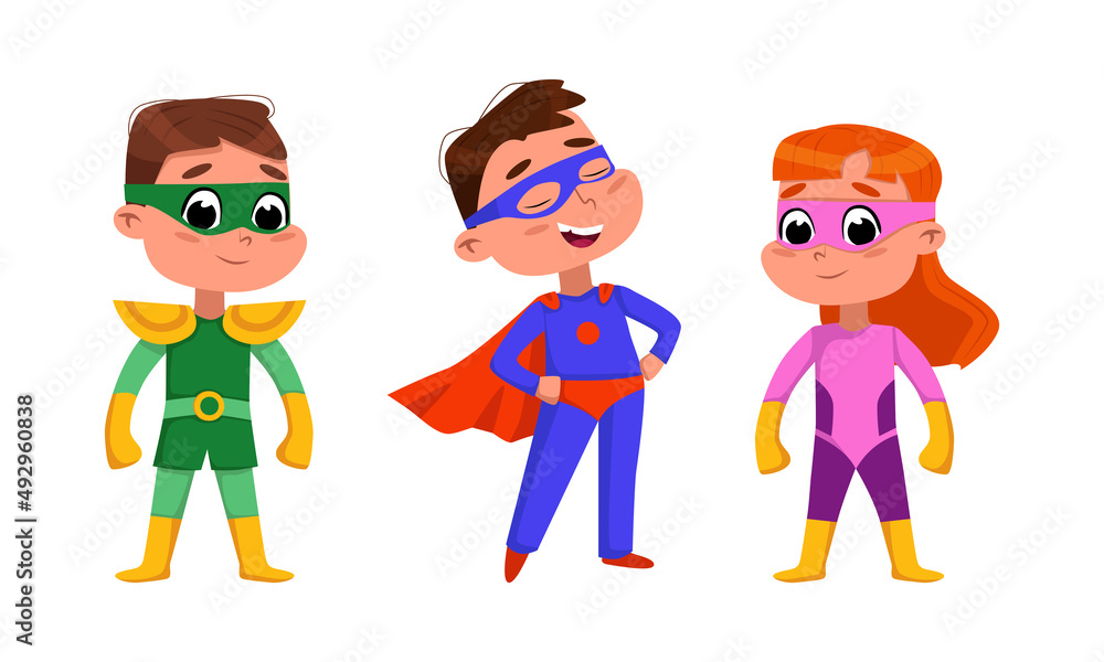 Cute funny kids superheroes set. Boy and girl wearing colorful comics ...