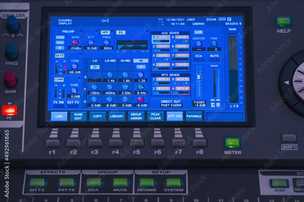 Poster Modern digital mixing console with faders, control buttons and ...