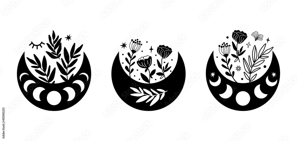 Moon phase flowers set. Floral moon collection. Moon phase flowers ...