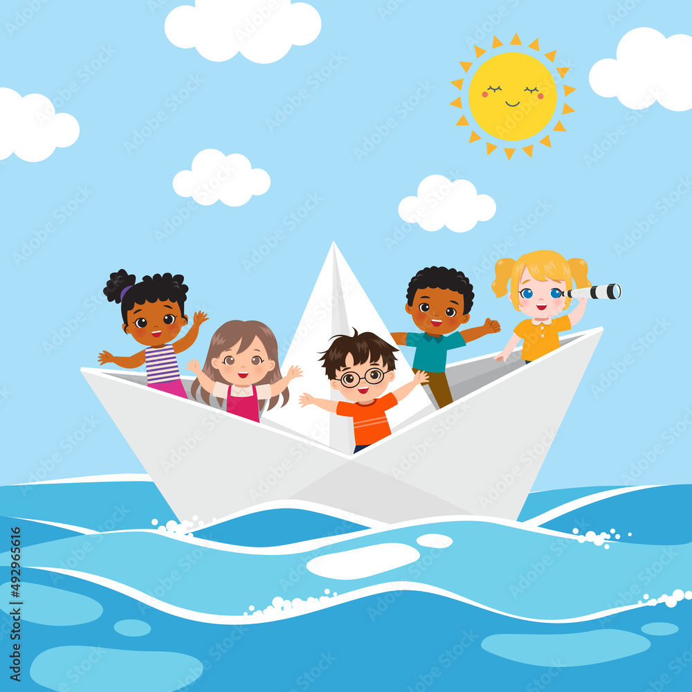 Children sailing with origami boat on the sea. Flat vector cartoon ...