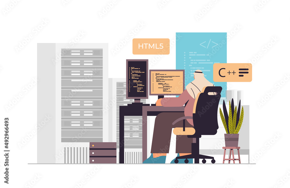 web developer creating program code on computer monitor development of software and programming ...