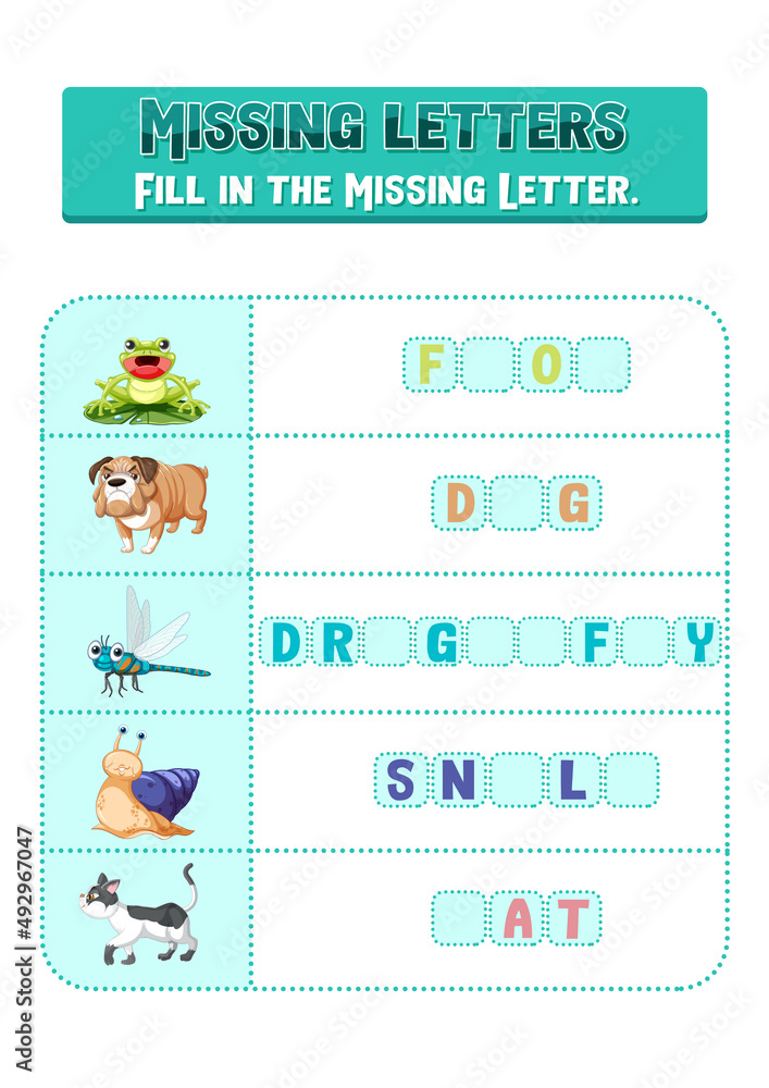 Fill the missing letter of each word worksheet for children Stock ...