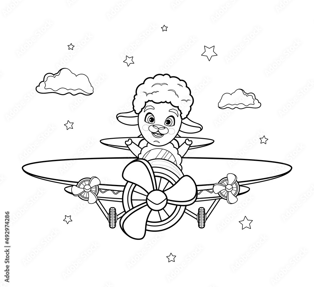 Coloring page. Cartoon cute and funny sheep is flying on a plane Stock ...