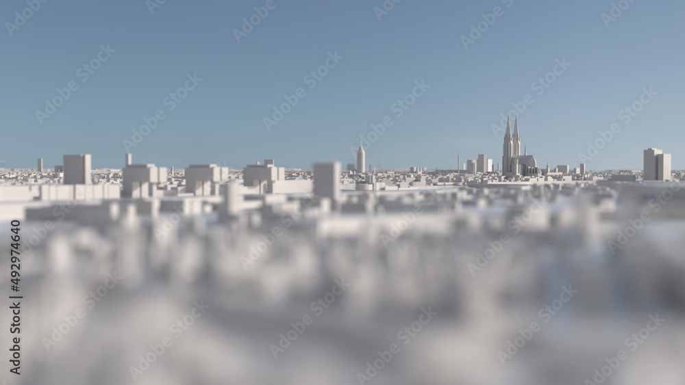 White 3D city model of Cologne. Side view with the Cologne Cathedral in ...