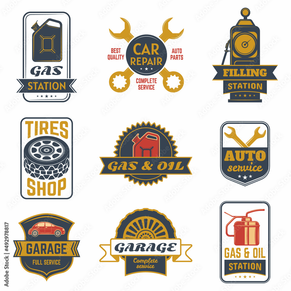 Vintage car gasoline station badges, retro fuel labels. Automobiles gas ...