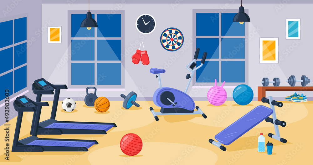 Cartoon gym interior room with sport fitness equipment. Sport elements ...