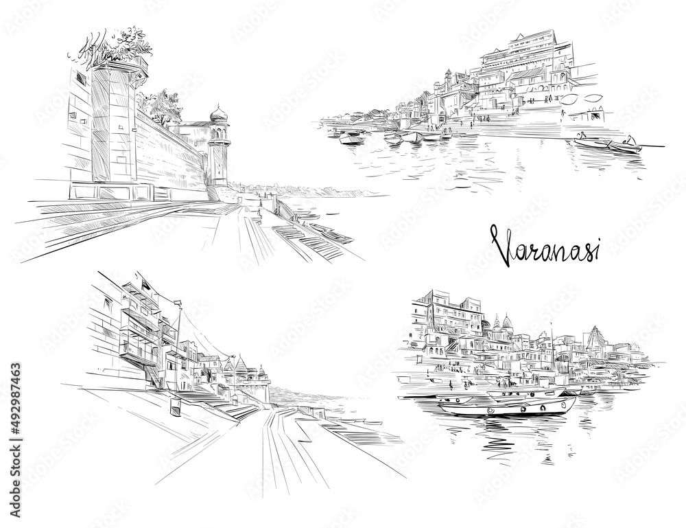 Varanasi. India. Hand drawn vector illustration. Stock Vector | Adobe Stock
