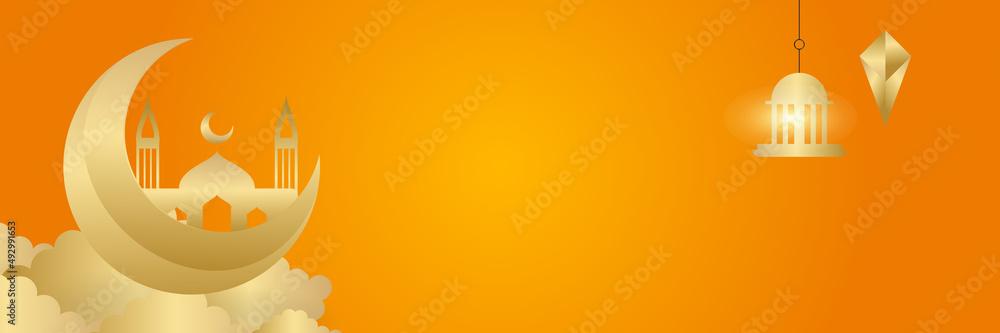 Islamic yellow banner background with crescent pattern moon star mosque ...