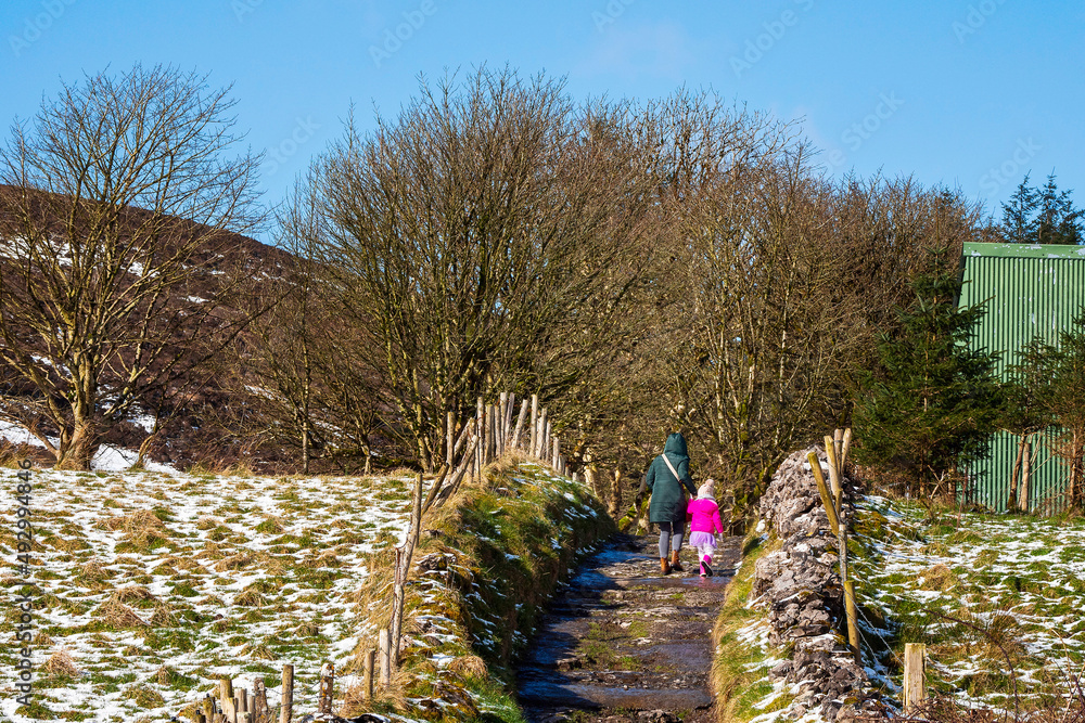 Mother and daughter walking on a small foot path in a park holding hand ...