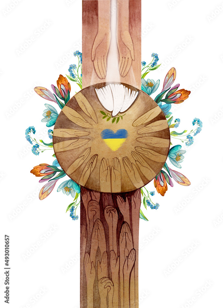 Watercolor banner prayer for Ukraine, prayers for peace. The heart is ...
