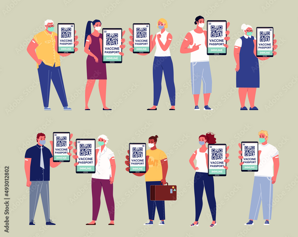 Vaccinated people hold phones with international certificate of ...