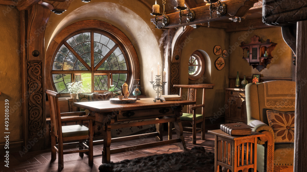 Fantasy tiny storybook style home interior cottage with rustic accents ...