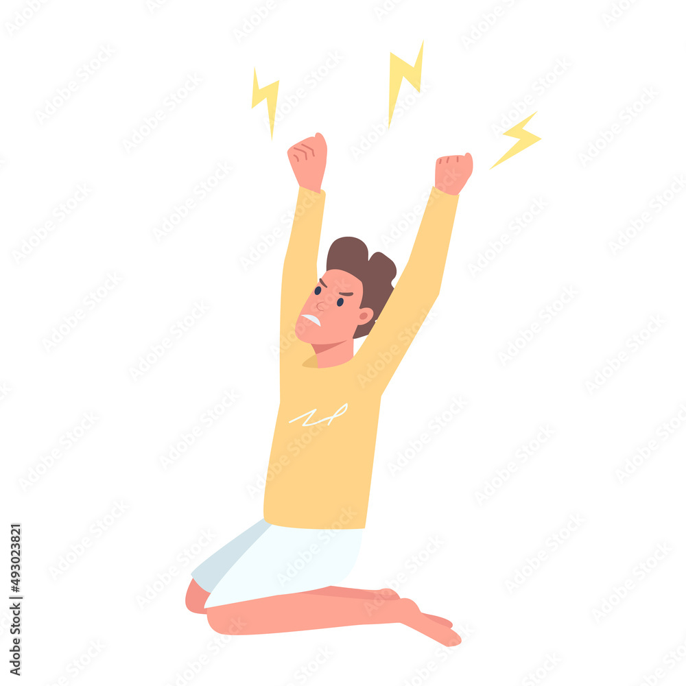 Angry boy sitting on knees semi flat color vector character. Full body ...