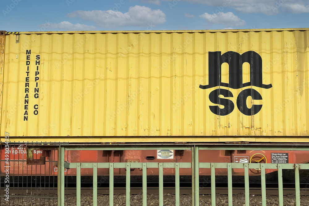Viersen, Germany - March 9. 2022: View on freight train with one cargo ...