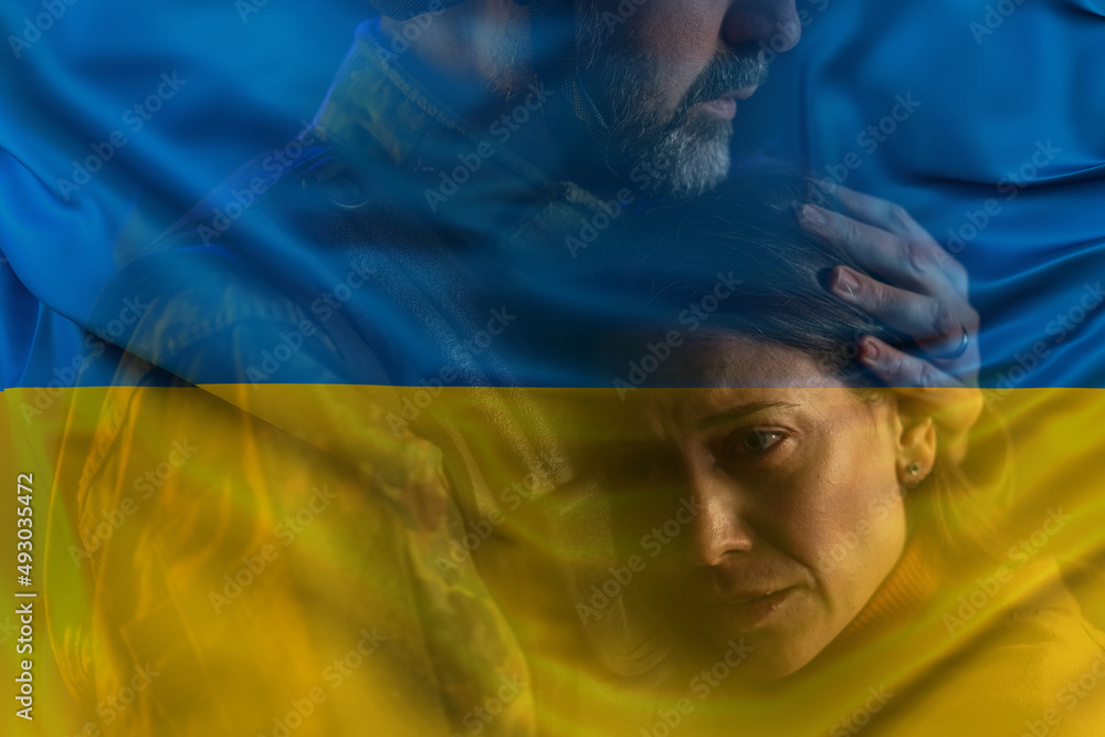 Double exposure of sad woman crying when hugging her military husband ...