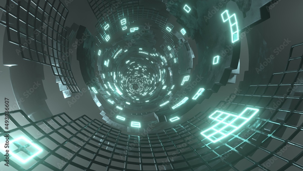 3D Rendering. Flight in abstract sci-fi tunnel. Futuristic motion ...