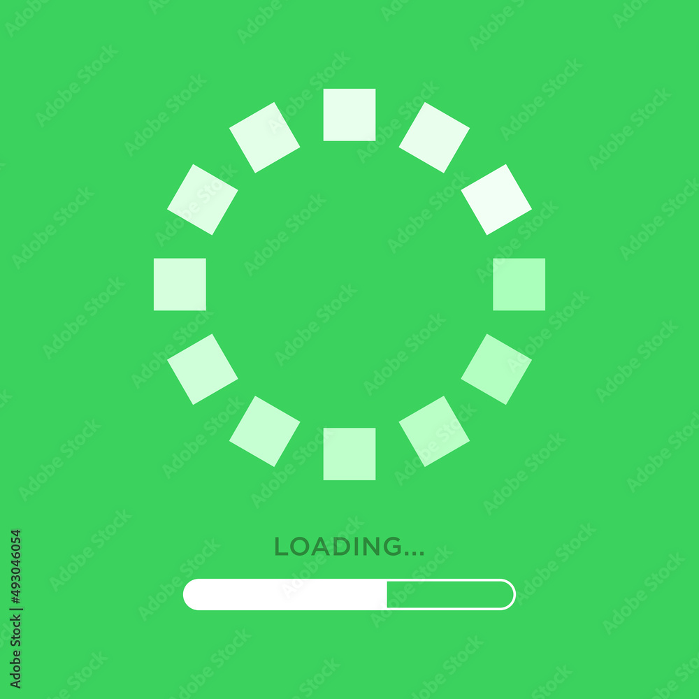 Loading icon. Circle made of squares on green background. Load bar icon. Buffering loader ...