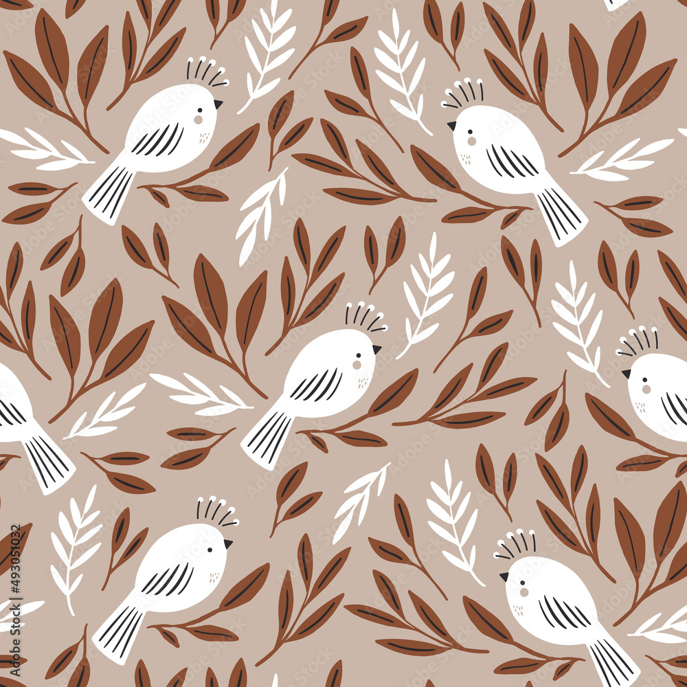 Seamless botanical pattern with white birds and delicate leaves ...