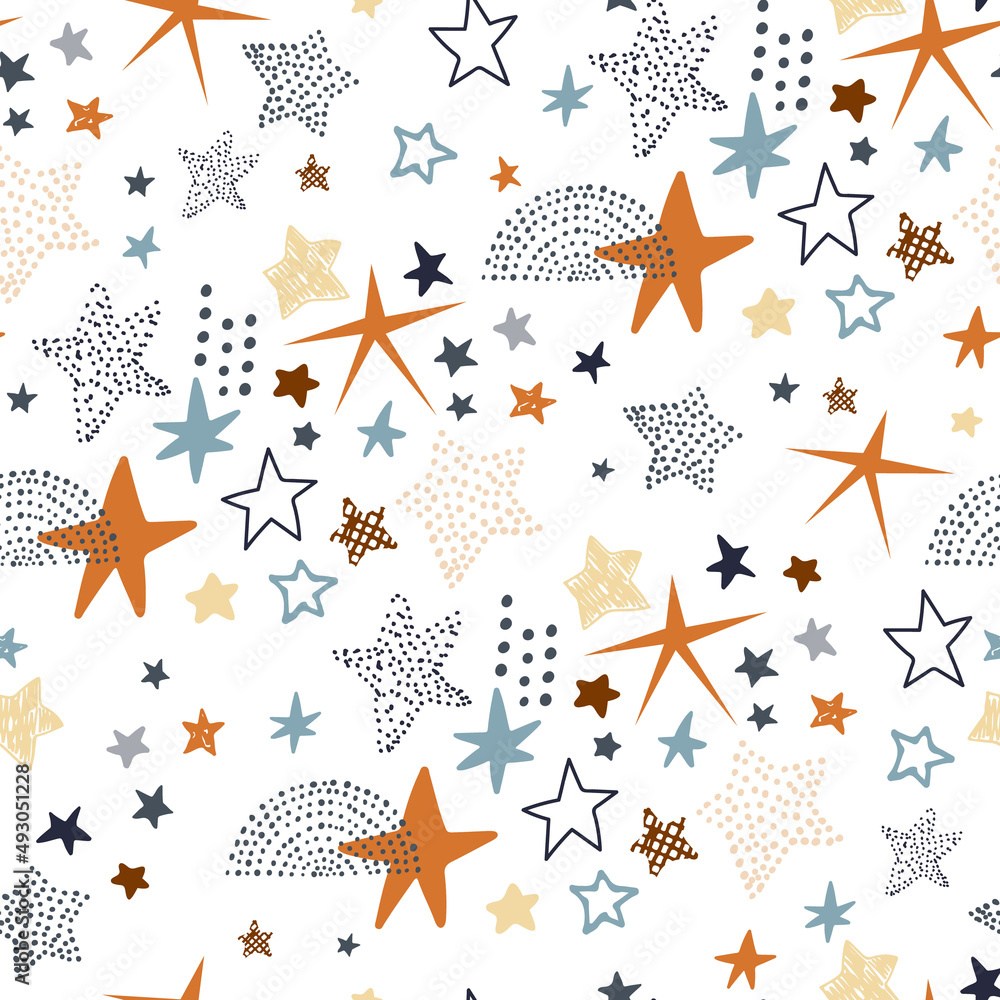 Seamless pattern with different hand drawn stars. Creative kids texture ...
