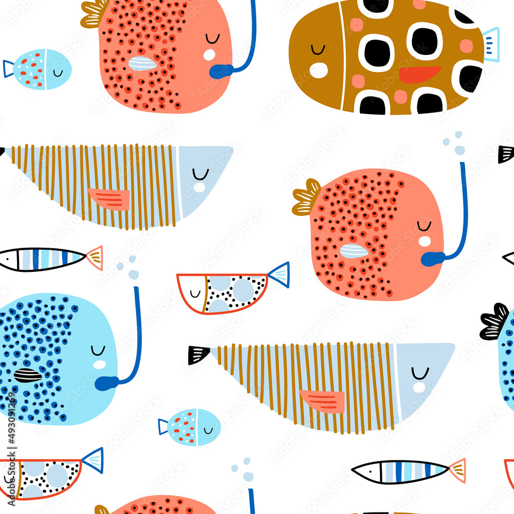 Seamless pattern with cartoon funny fish. Childish marine texture for ...