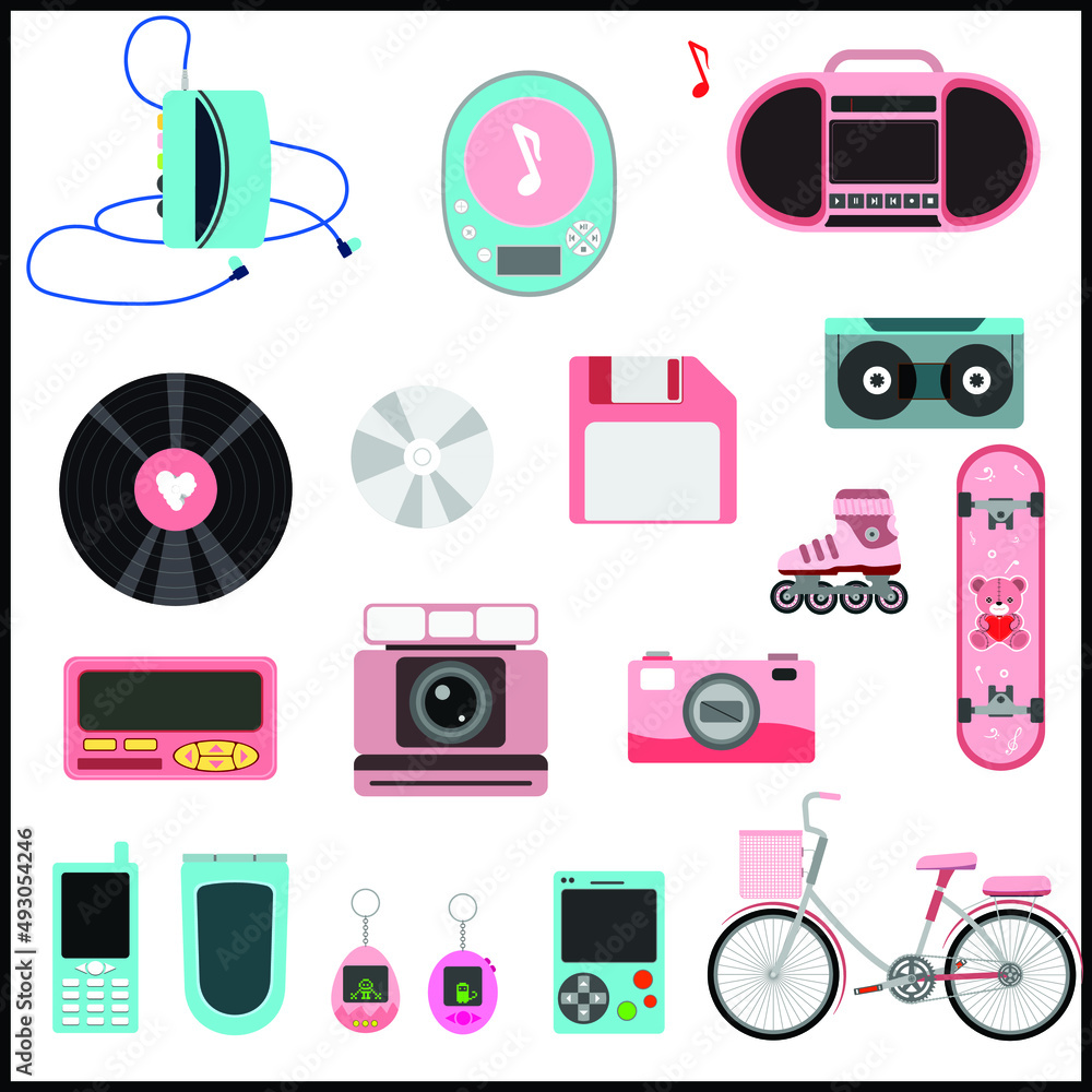 vector illustration set Electronic equipment items tools classic 90s ...