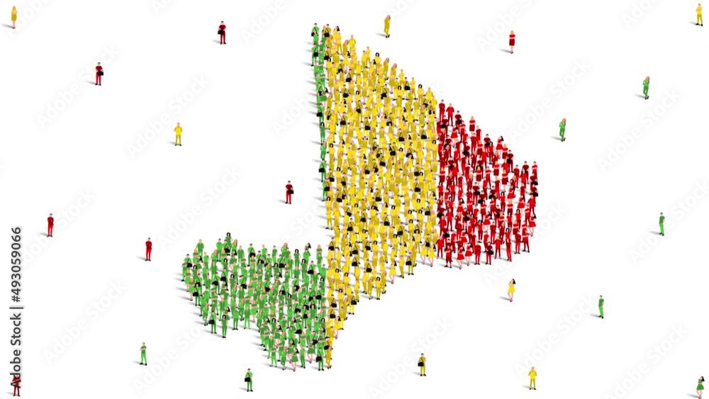 Mali Map and Flag. A large group of people in the Mali flag color form ...