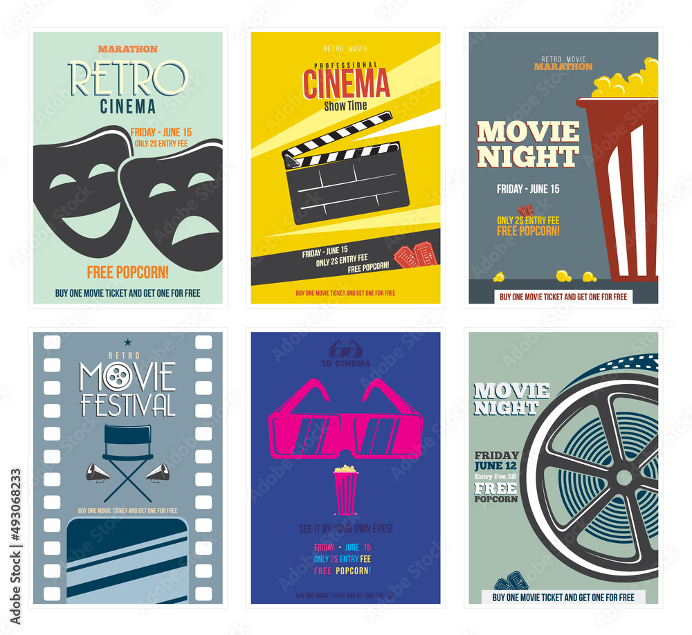 Retro Cinema Poster. Vintage Collection of Cinematography Icons ...