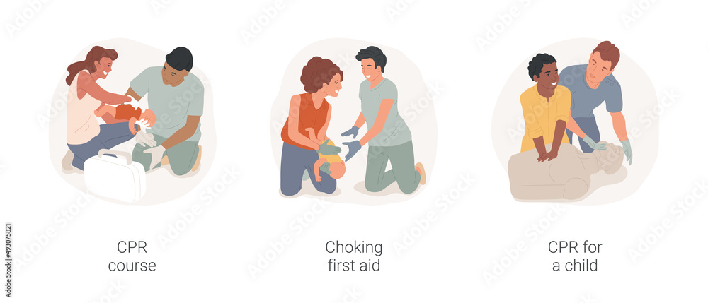 CPR course for parents isolated cartoon vector illustration set. First ...