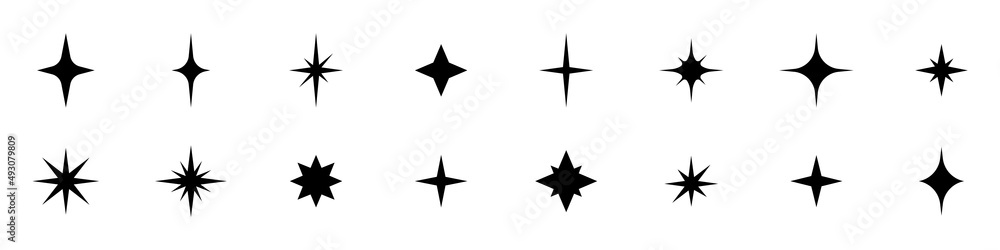 Black sparkling stars. Different twinkling stars collection. Star icons, sparks, shining ...