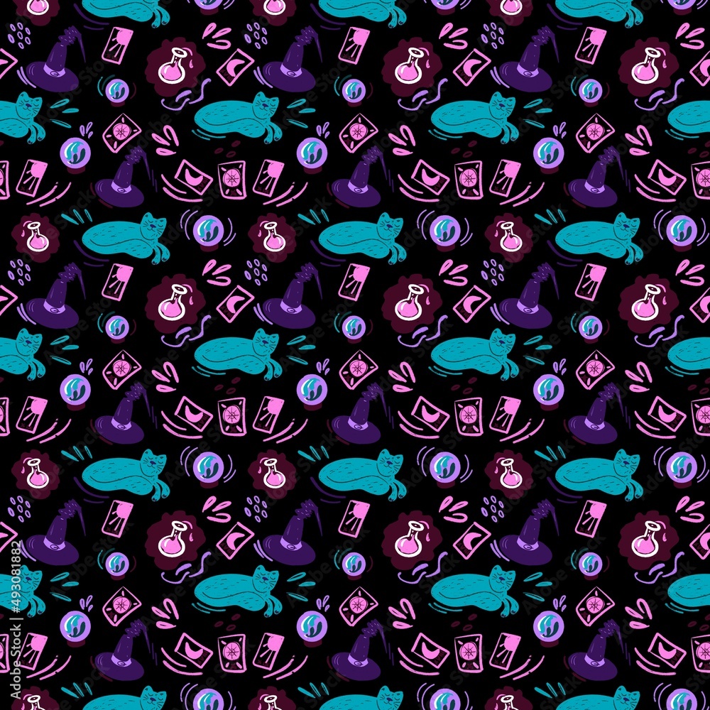 Seamless magic pattern in bright colors in doodle style on a black ...