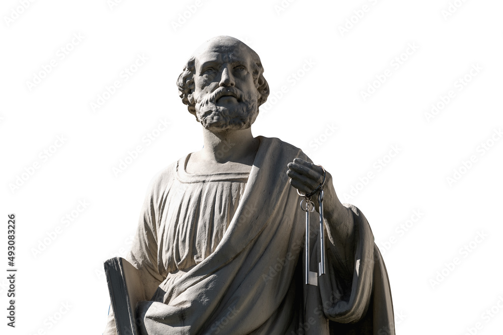 Antique statue of St. Peter with keys to the Kingdom of Heaven. Ancient ...