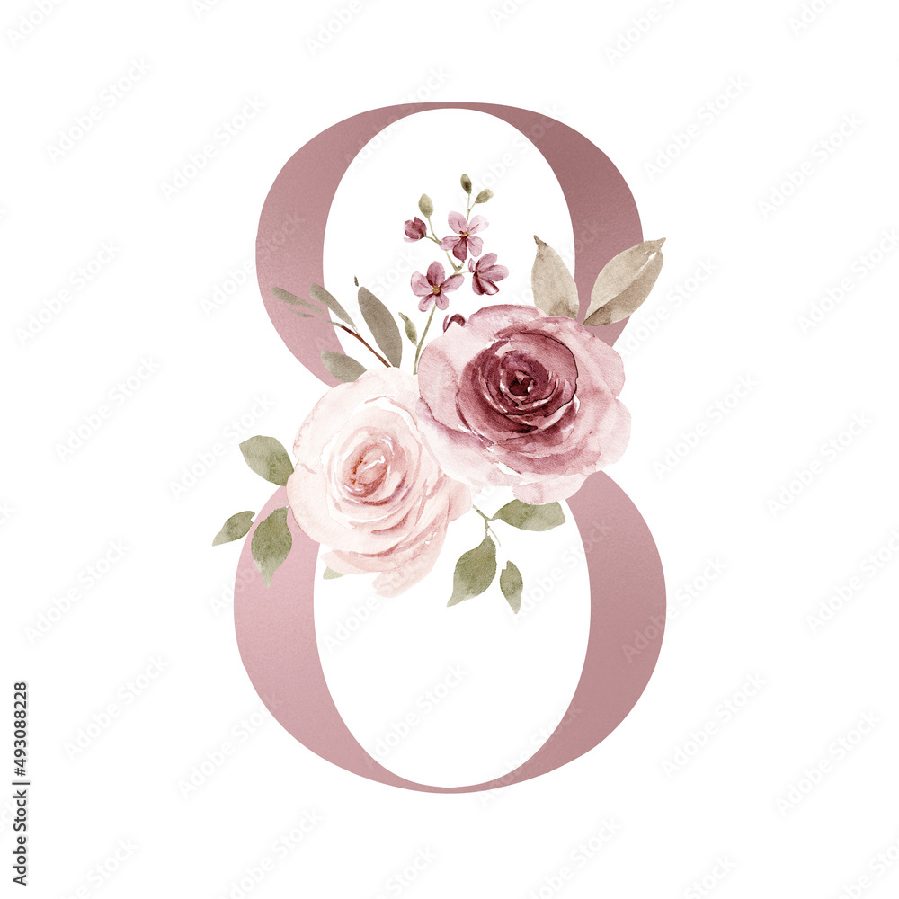 Pink number 8 with watercolor flowers roses and leaf. Perfectly for ...