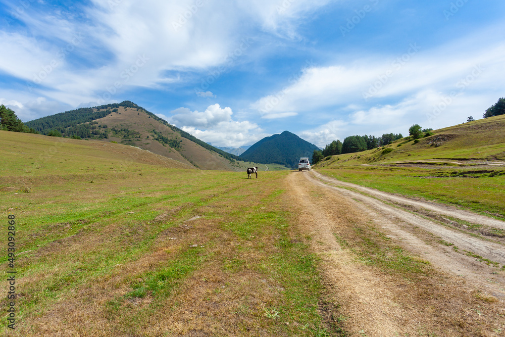 View in Mountains. Road to Shenako village from Diklo in Tusheti region ...