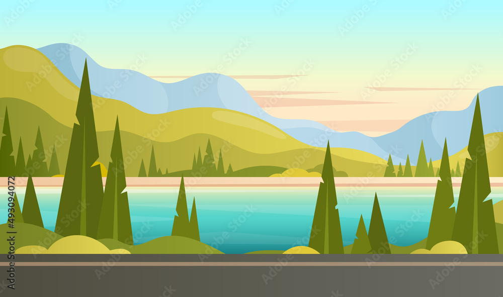 Mountain landscape. Vector illustration of sunset nature with river ...