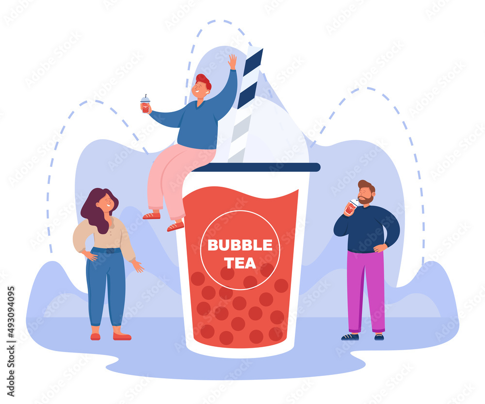 Tiny persons with huge plastic cup of bubble tea. People drinking milk ...