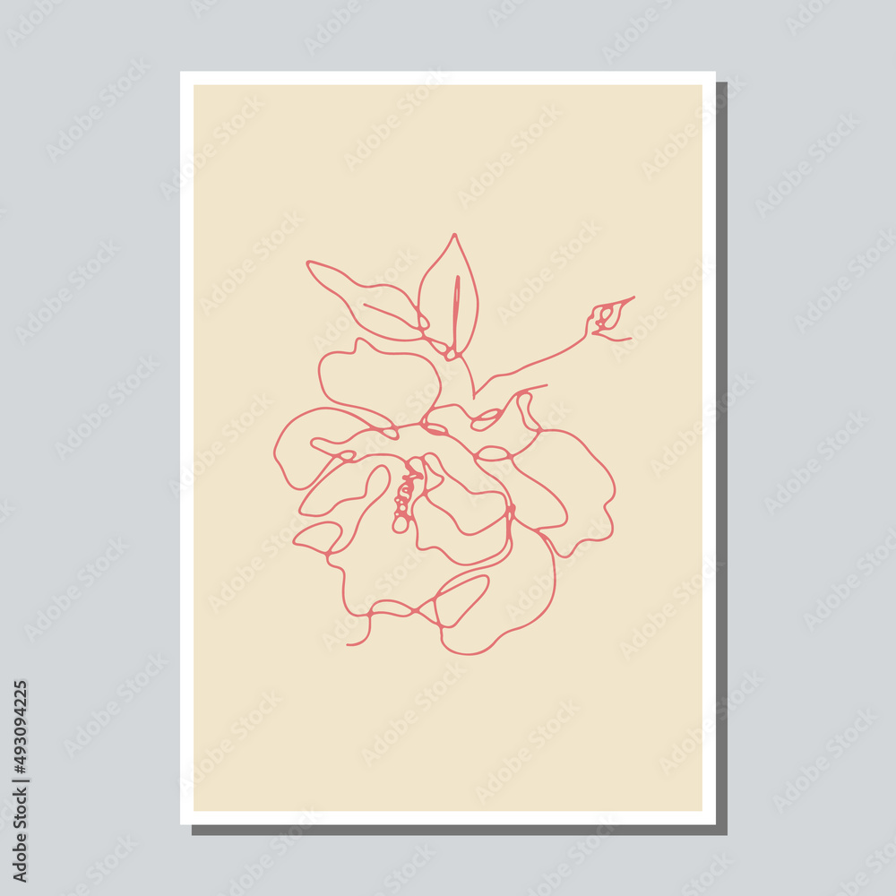 One single line drawing rose flower on earthy color background card ...